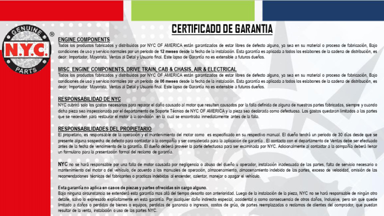 Certificado de Garantia Nyc of America | PDF