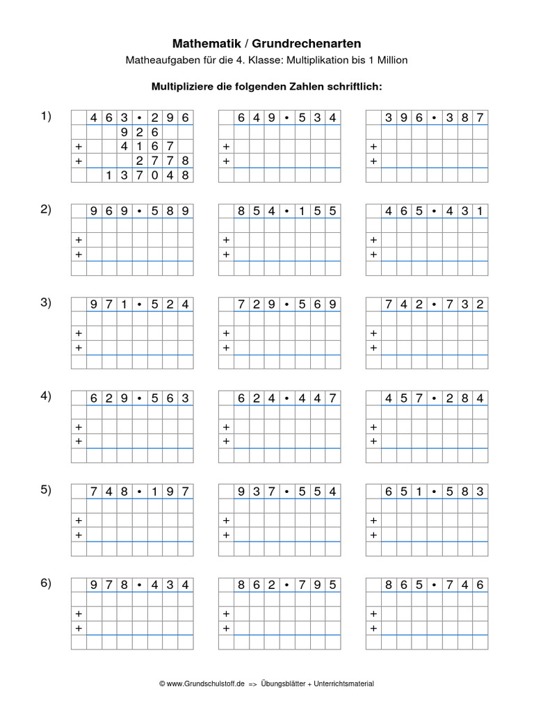 Mathematik Grundrechenarten Multiplikation Schriftlich Multiplizieren ...