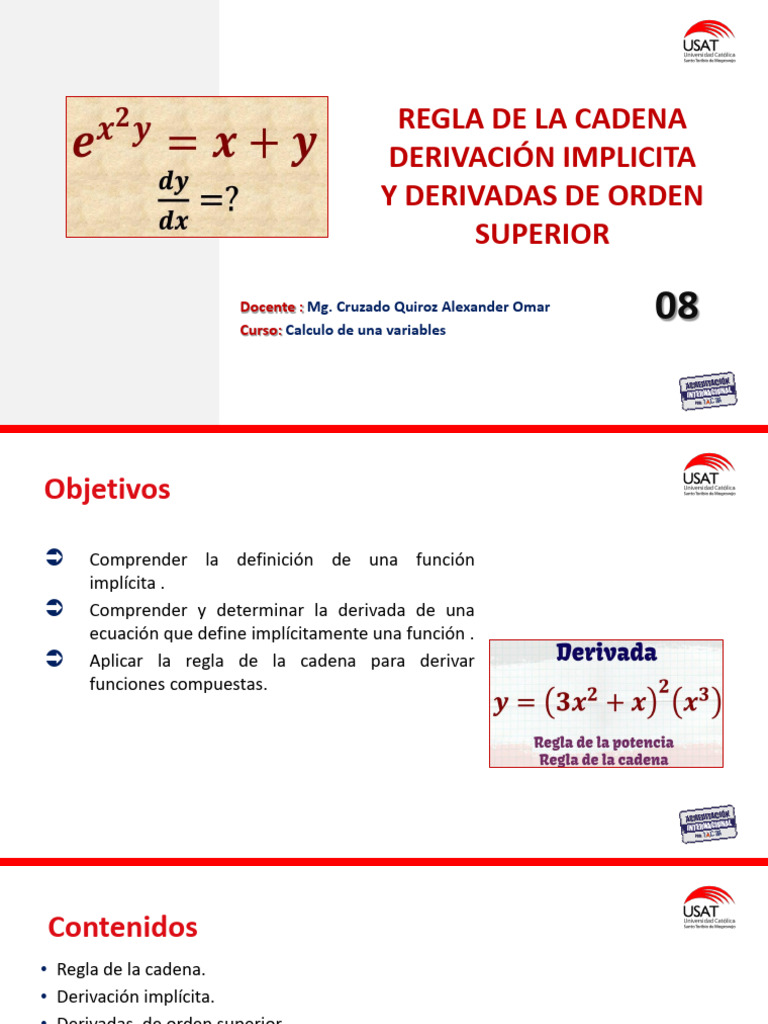 Sesión 08 - PPT Derivadas - Regla de La Cadena y Orden Superior | PDF | Derivado | Ecuaciones