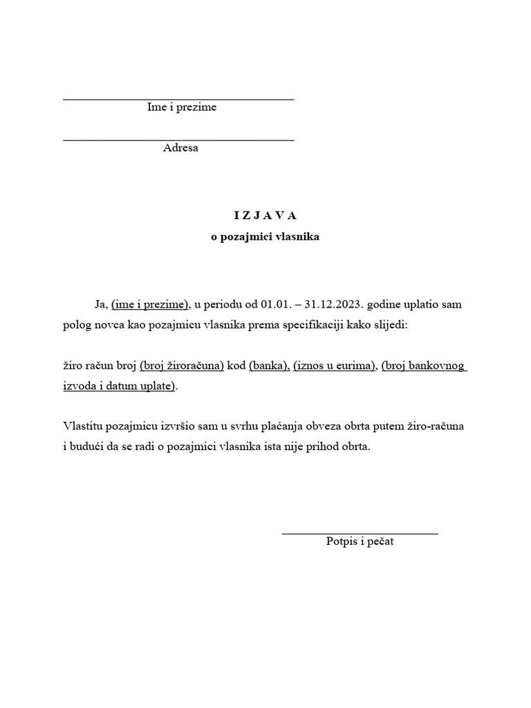Izjava o Pozajmici Vlasnika 2023 Eur | PDF