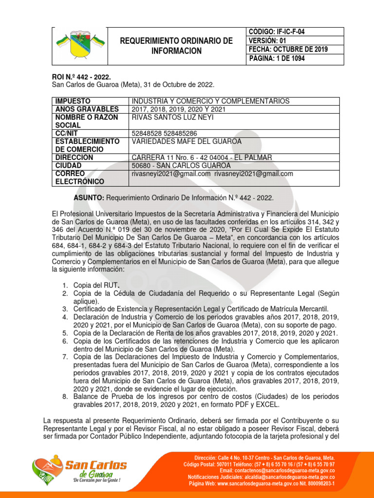 Roi N.° 442 - 2022 de 31-10-2022 Requerimiento Ordinario de Información ...