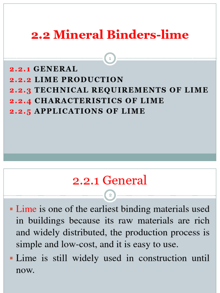 Lecture 8 Mineral Binders Lime | PDF | Lime (Material) | Materials