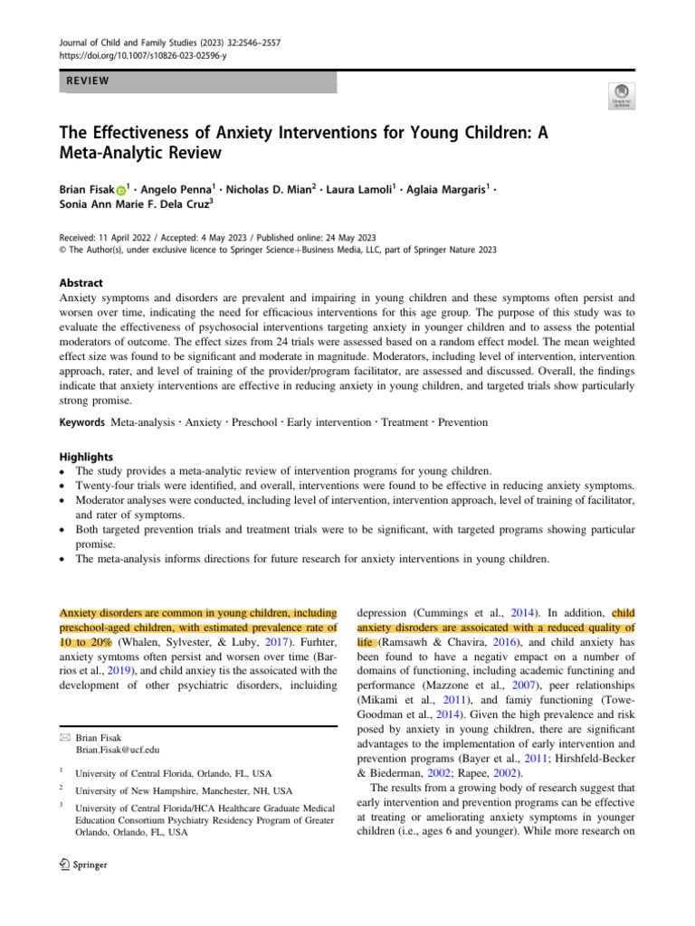 The Effectiveness of Anxiety Interventions For Young Children: A Meta ...
