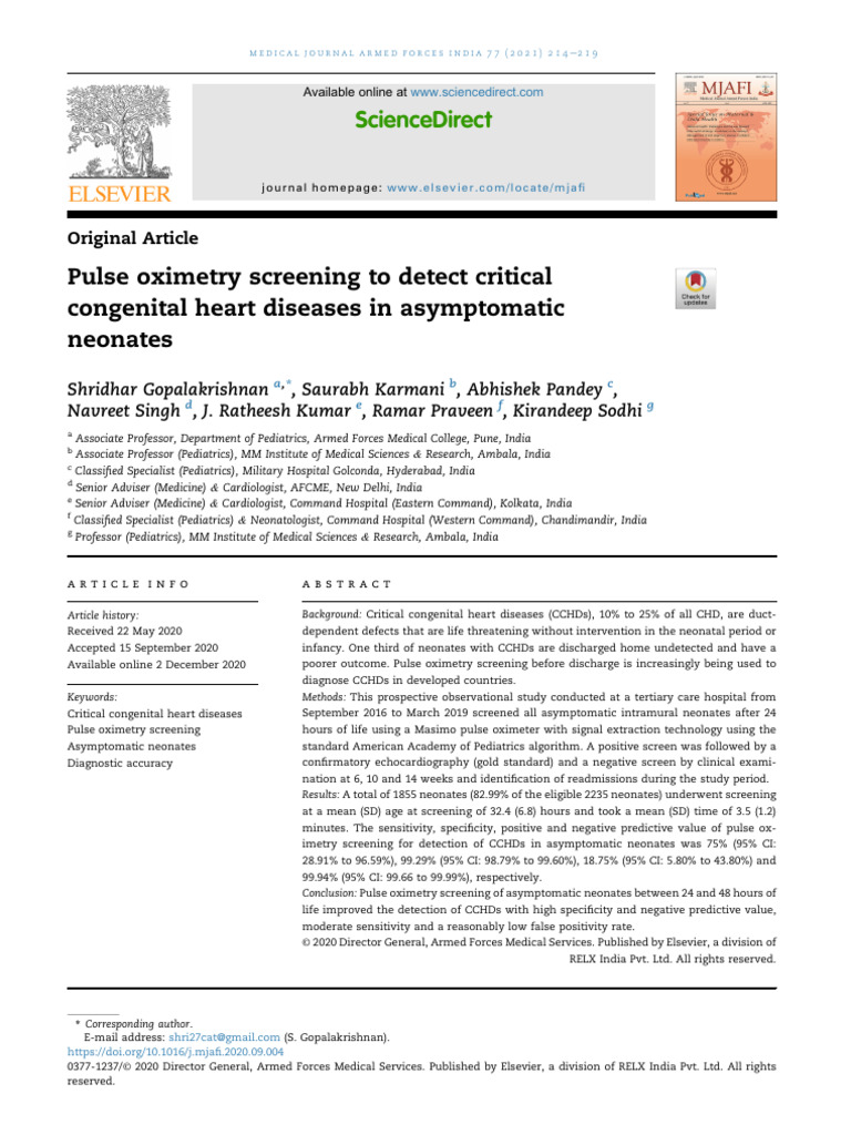 (2) Pulse oximetry screening to detect critical congenital heart diseases in asymptomatic ...