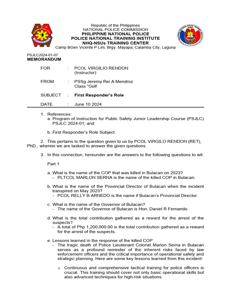 07-PSSg Mendroz, JRA - First Reponder's Role | PDF | September 11 ...