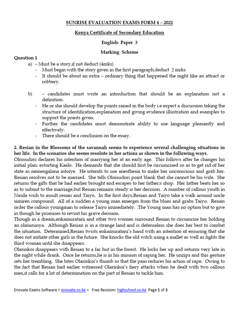 101 Form 4 ENGLISH P3 Marking Scheme | PDF