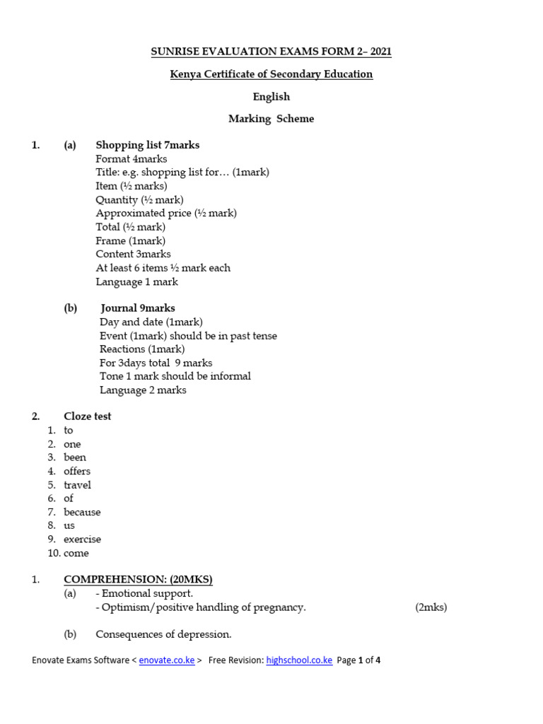 101 Form 2 ENGLISH End Term 1 Marking Scheme | PDF | Depression (Mood ...