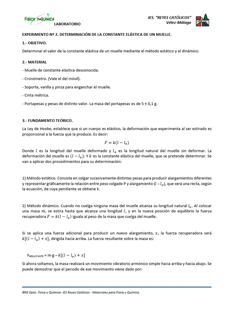 Experimento 2 Determinación de La Constante Elástica de Un Muelle ...