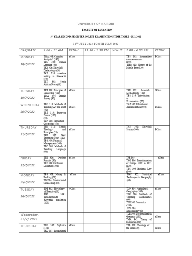 3RD Year Second Semester Examination Timetable 2022 | PDF | Science