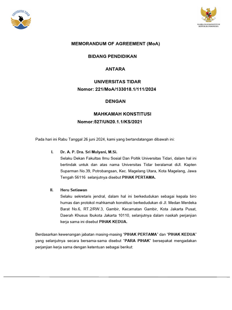 Template Memorandum of Agreement MOA | PDF | Hukum | Komputer