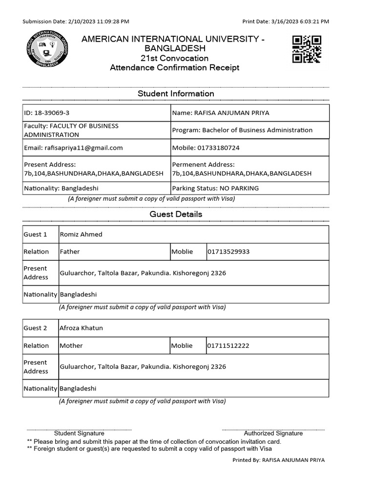 AIUB 21st Convocation Attendance Receipt | PDF