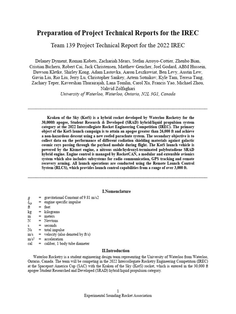 Team 139 Waterloo Final Report | PDF | Rocket Propellant | Rocket Engine