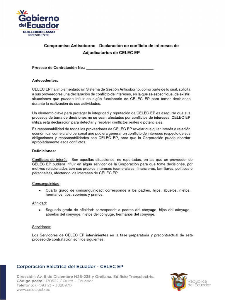 Anexo 4 - Declaración Conflicto de Intereses - Adjudicatarios0142934001687801422 | PDF | Toma de ...