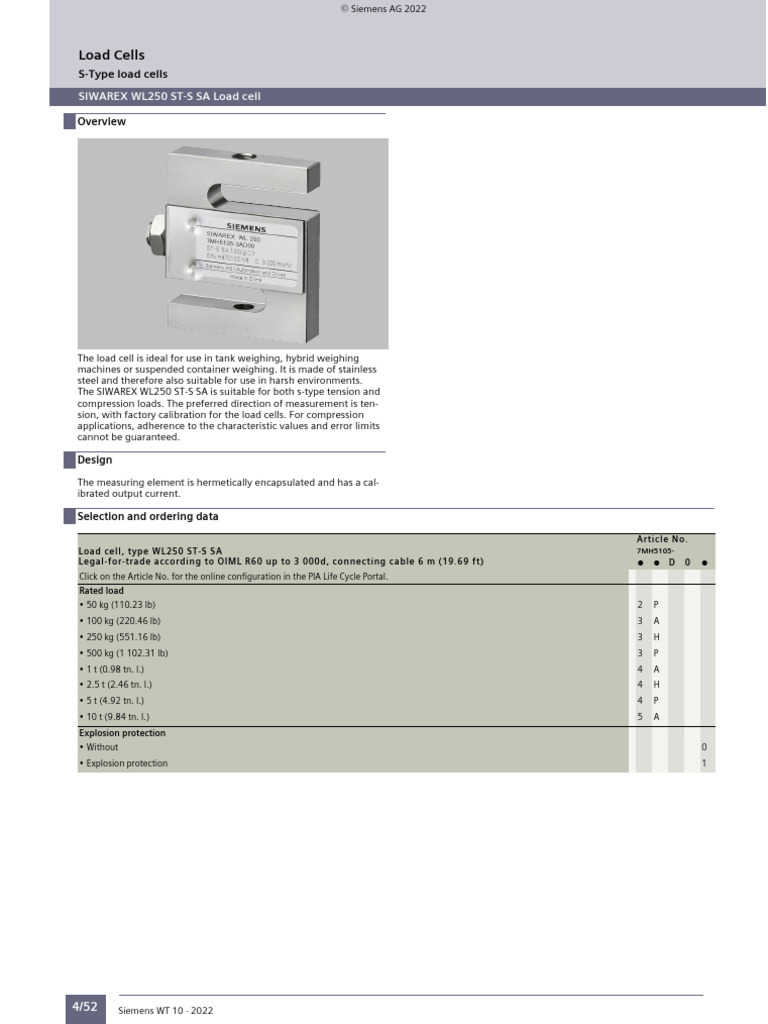 Load Cells: SIWAREX WL250 ST-S SA Load Cell SIWAREX WL250 ST-S SA Load ...