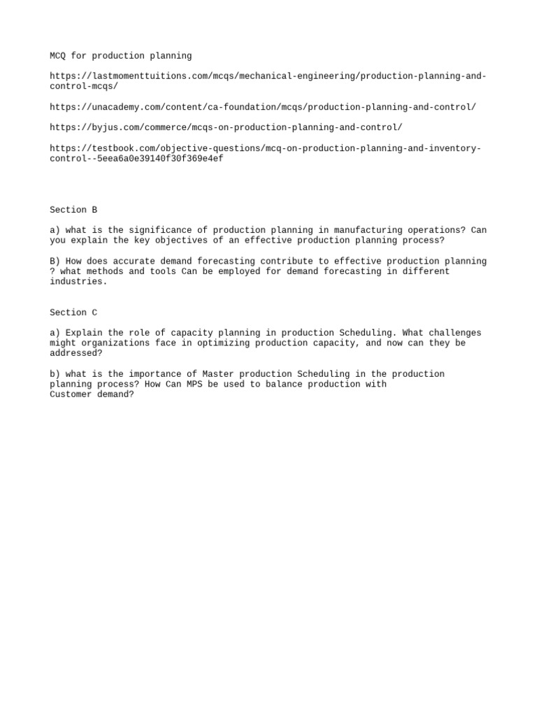MCQ For Production Planning | PDF | Business | Computers MCQ For Production Planning | PDF | Business | Computers