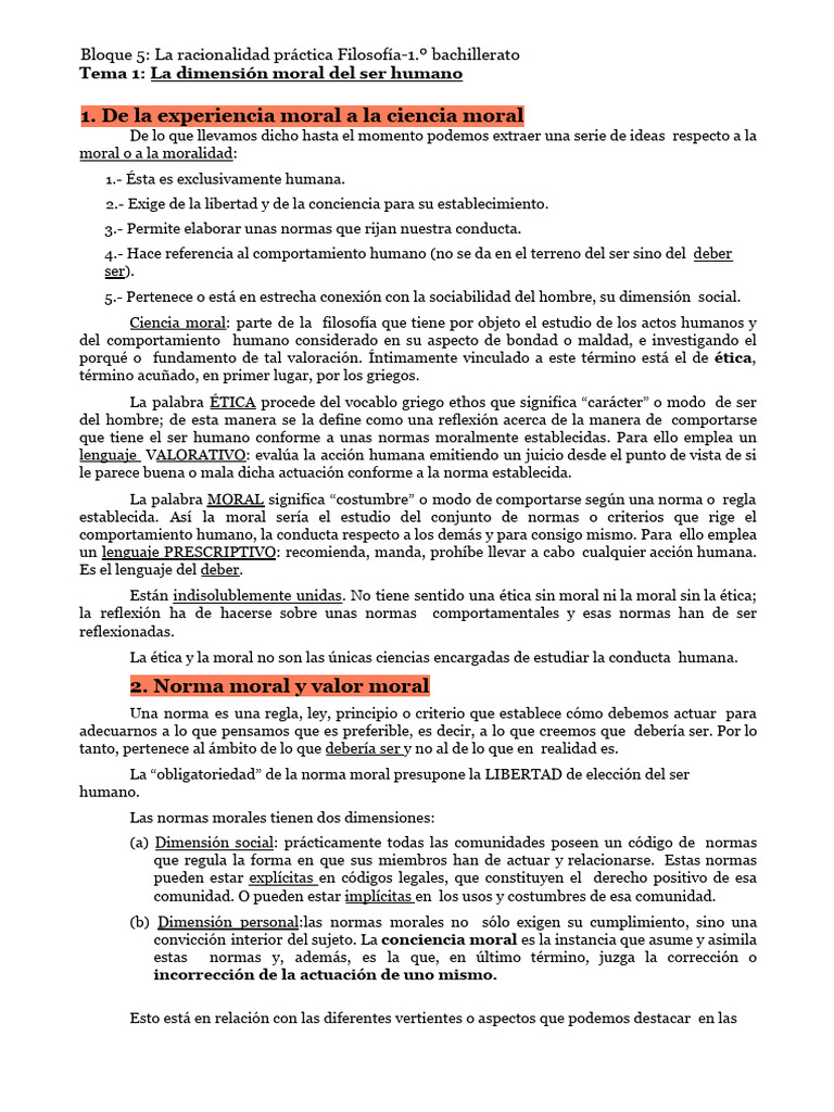 Bloque 5_Tema 1_La Dimensión Moral Del Ser Humano | Descargar gratis PDF | Moralidad | Libertad