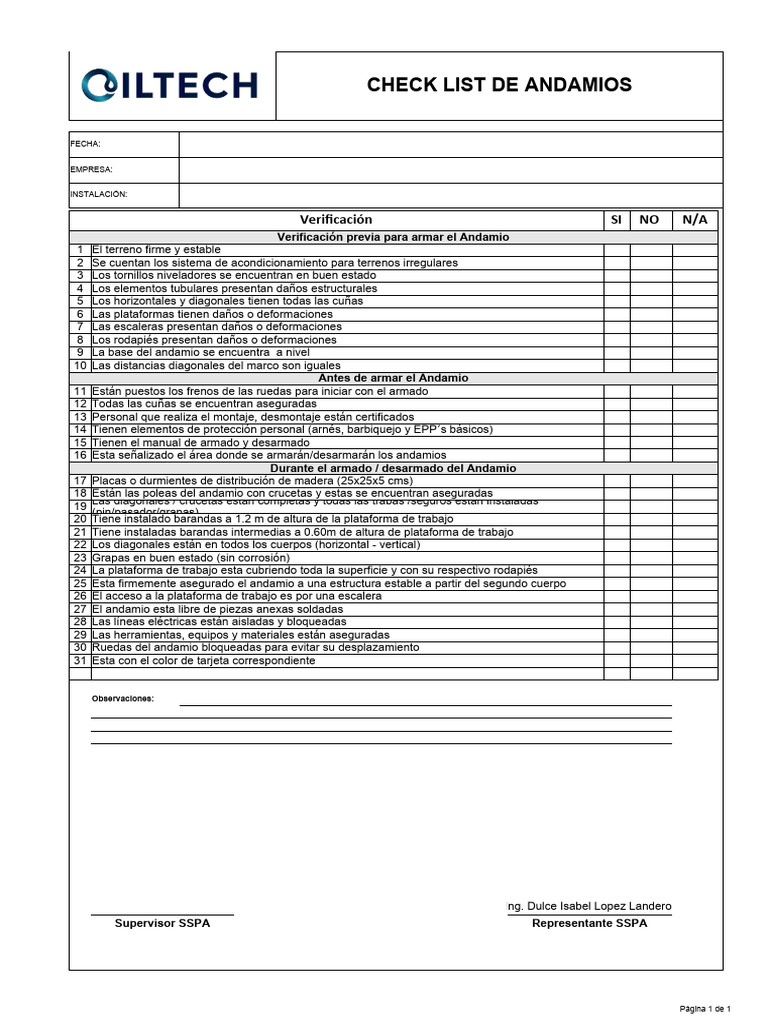 Procedimiento de Andamios: Checklist | PDF | Andamio
