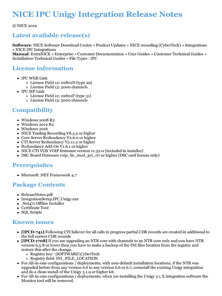 IPC Unigy v3.1.13 ReleaseNotes | PDF | Windows Registry | My Sql