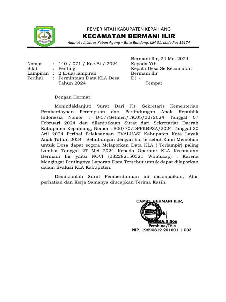 Permintaan Data KLA Desa Kelurahan | PDF