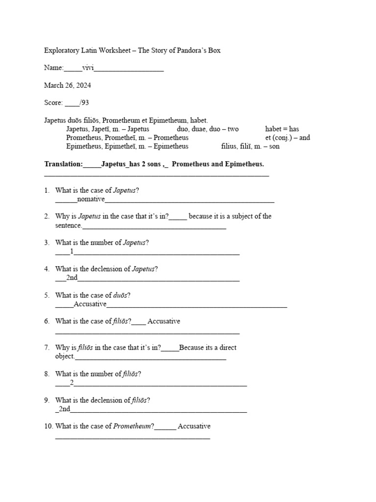 Latin Worksheet: Pandora's Box Analysis | PDF | Prometheus | Linguistics