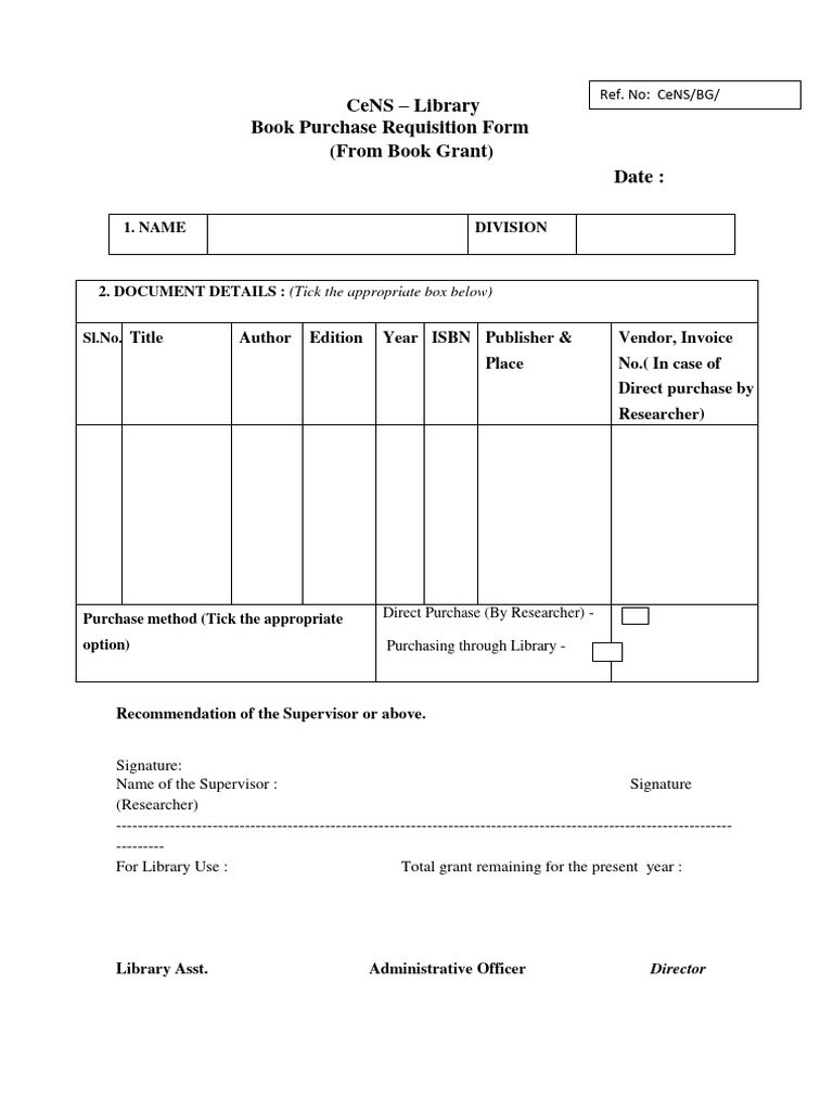 CeNS Library Book Purchase Form | PDF