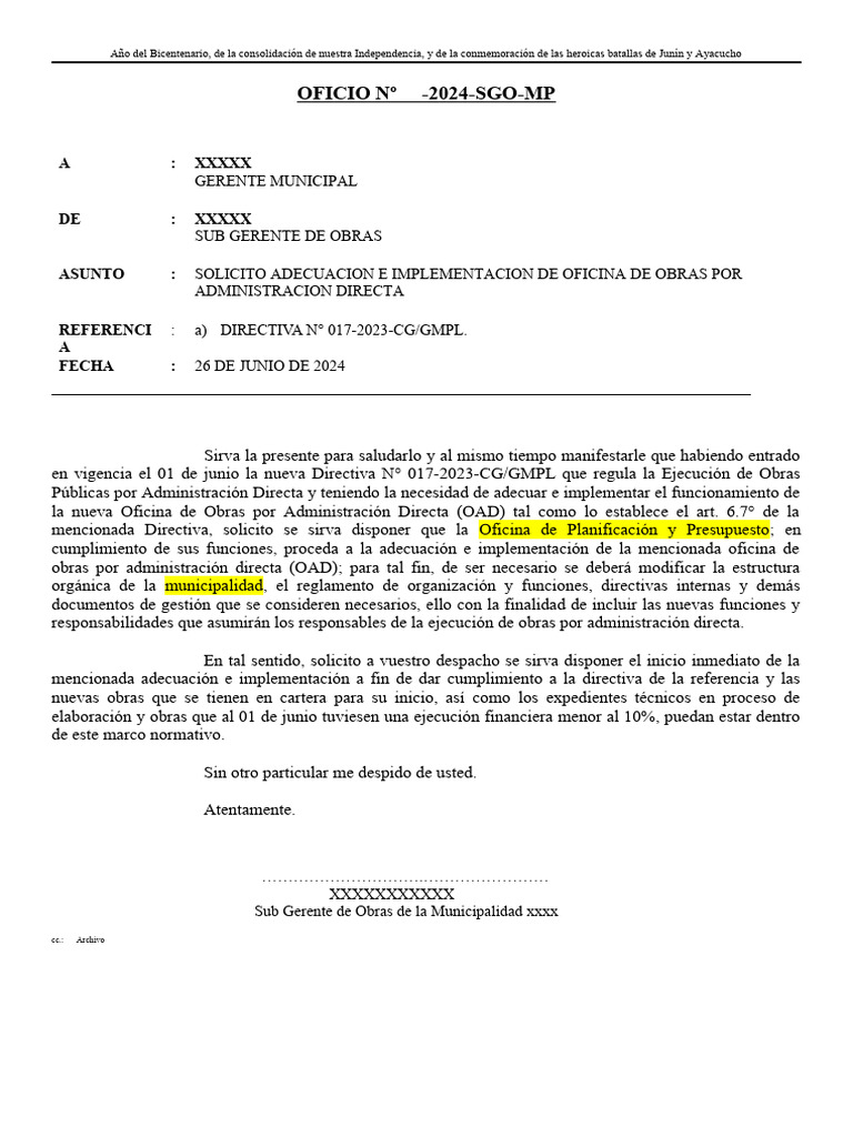 Oficio Adecuacion Nueva Oficina de Obras 2024 | PDF | Gobierno