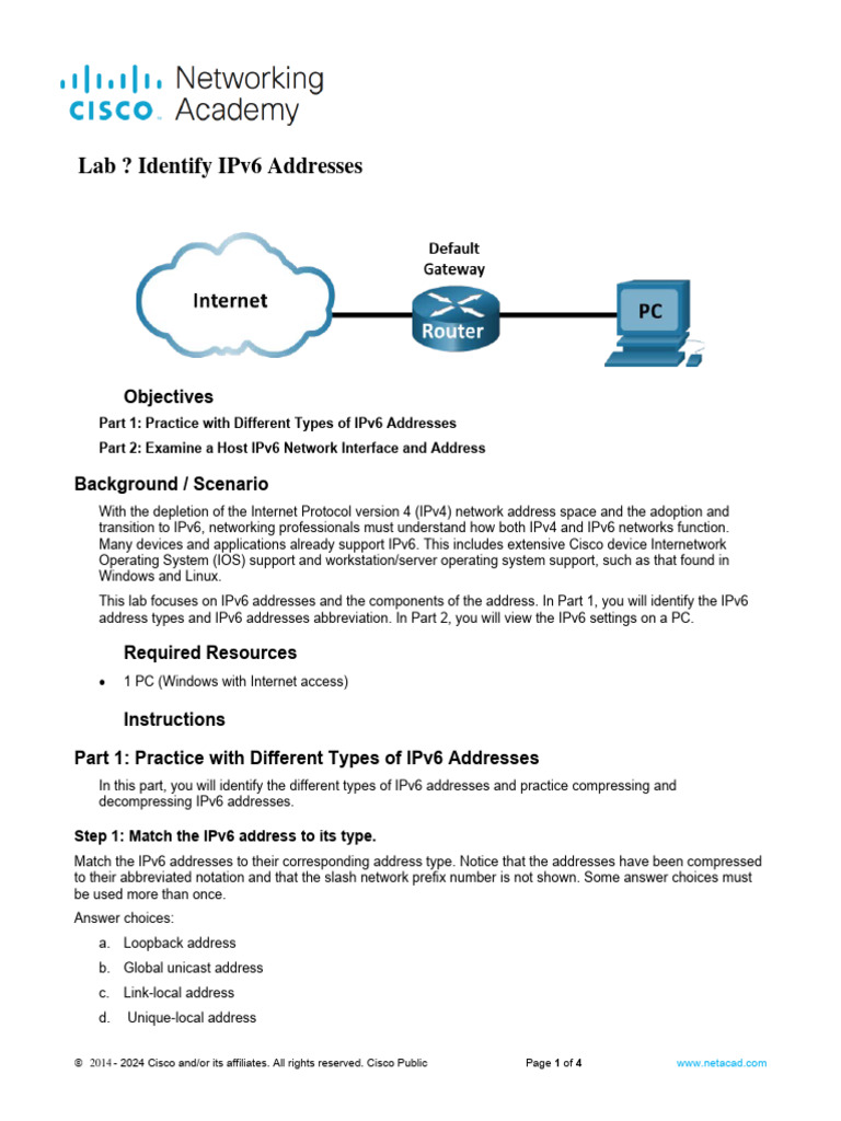 12 7 4 Lab Identify Ipv6 Addresses Pdf I Pv6 Ip Address