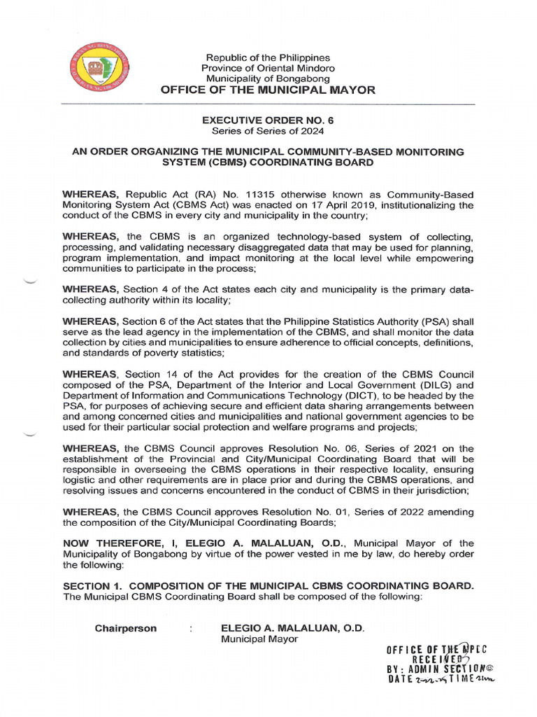 Executive-Order MCCB Bongabong | PDF
