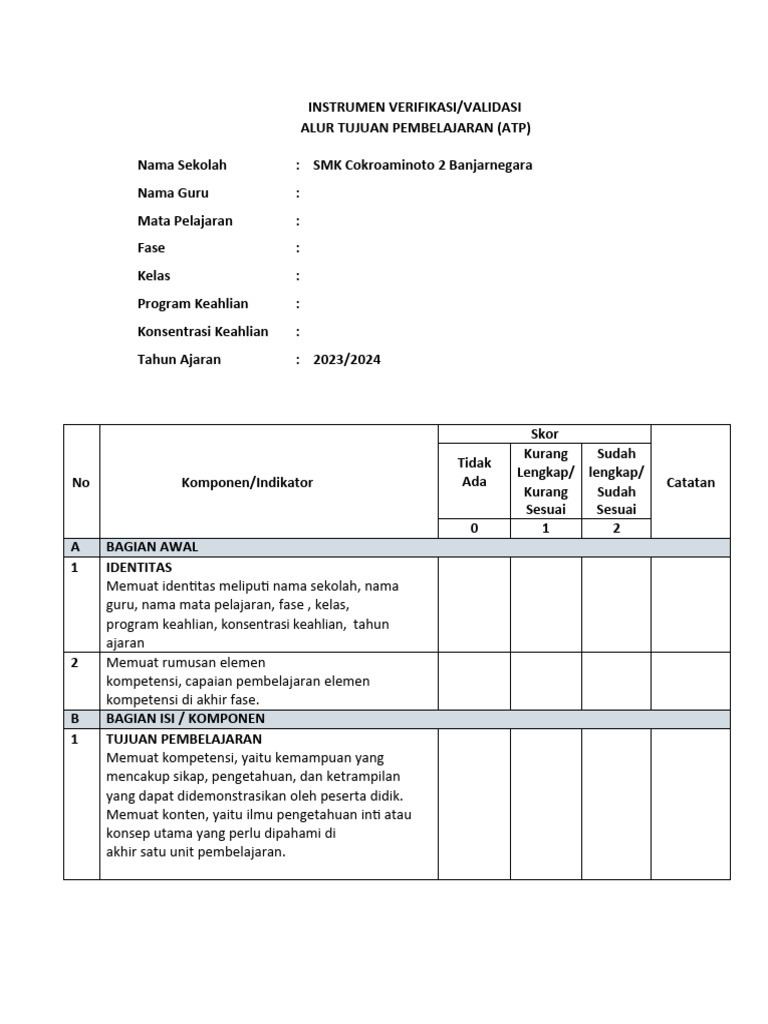 Instrumen Verifikasi. Atp Dan Modul Ajar 2023 | PDF