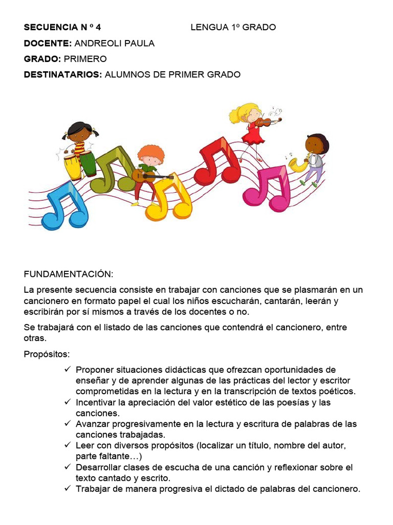 SECUENCIA N º 4 LENGUA 1º GRADO - Docx CANCIONERO | PDF | Poesía ...