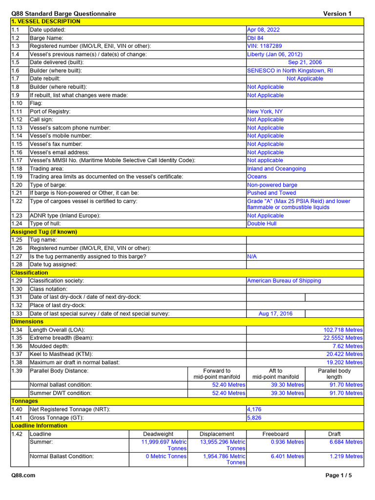 DBL 84 - Q88-Barge - 08apr2022 | PDF | Marine Propulsion | Tonnage