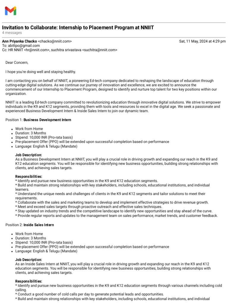 Invitation To Collaborate - Internship To Placement Program at NNIIT ...