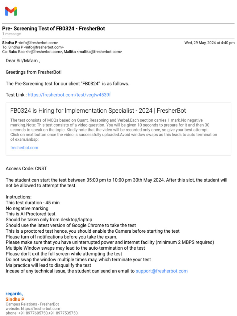Pre - Screening Test of FB0324 - FresherBot | PDF | Career & Growth