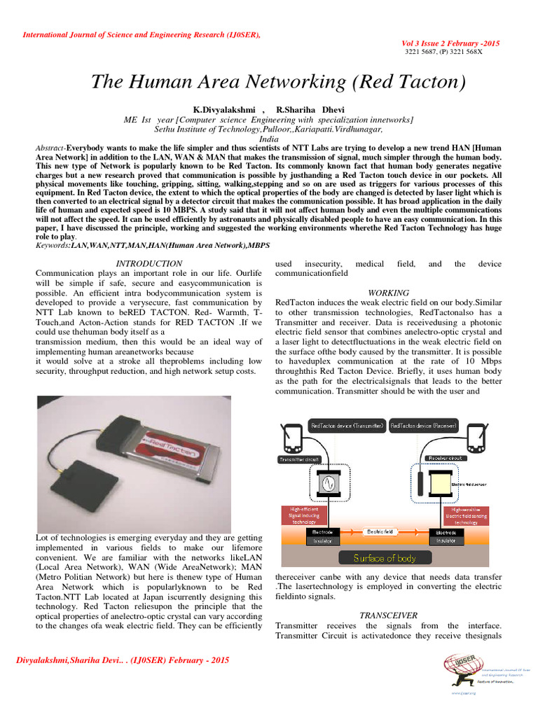 The Human Area Networking (Red Tacton) | PDF | Computer Network | Communication