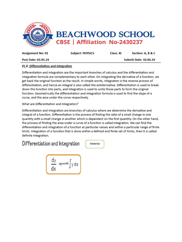 Class 11 Assignment 1-Physics | PDF | Integral | Derivative