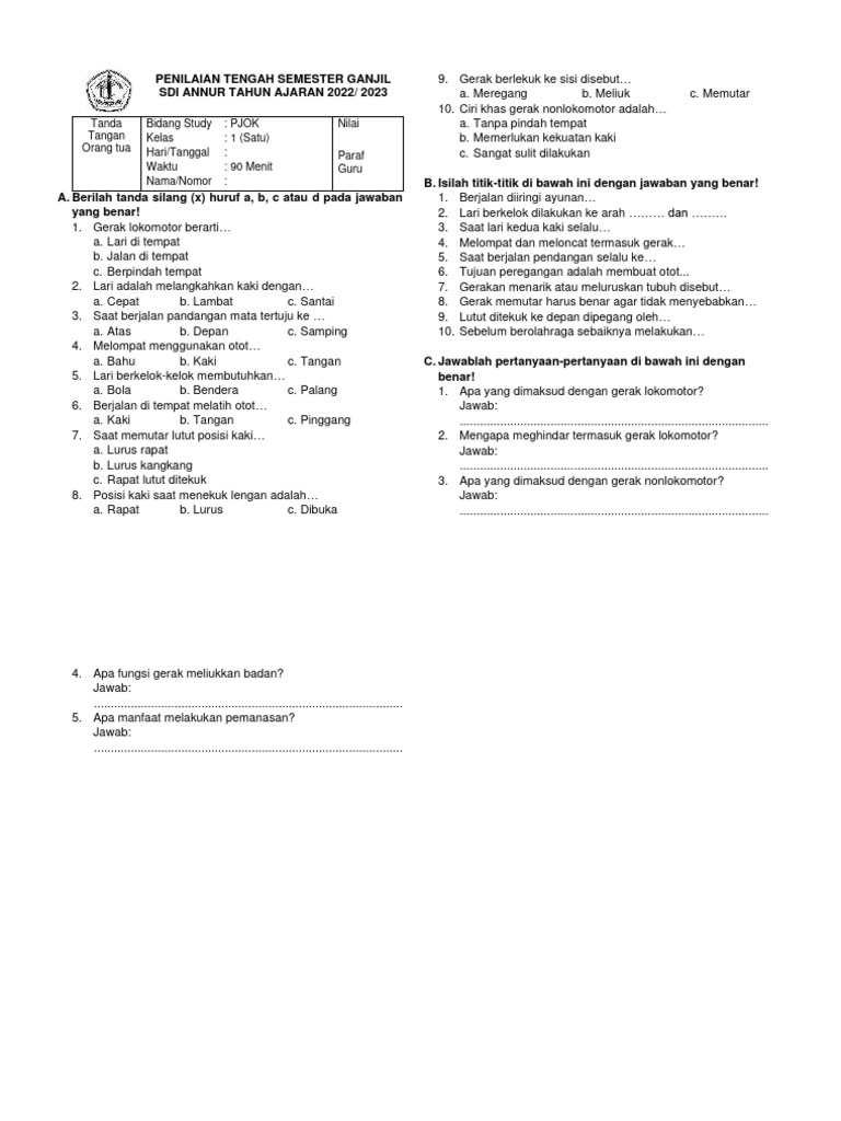 Soal PTS Ganjil Kelas 1 2022-2023 | PDF