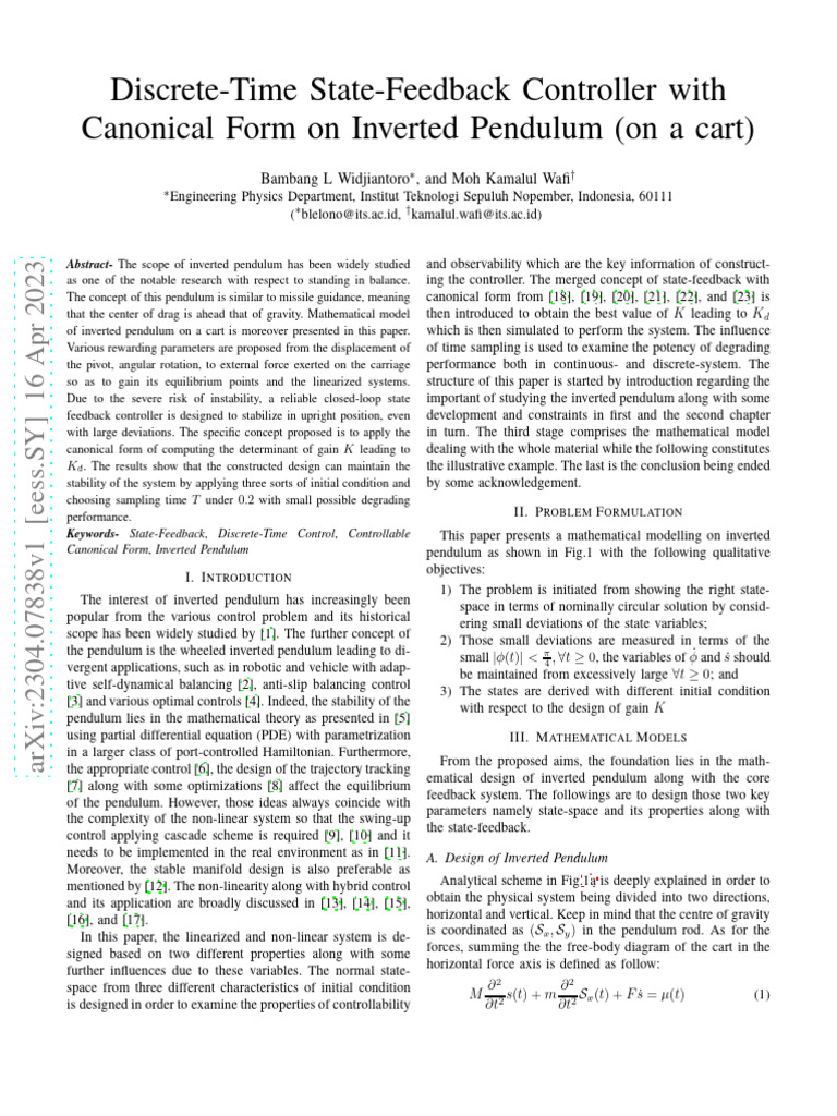 Inverted Pendulum State-Feedback Control | PDF | Control Theory | Mechanics