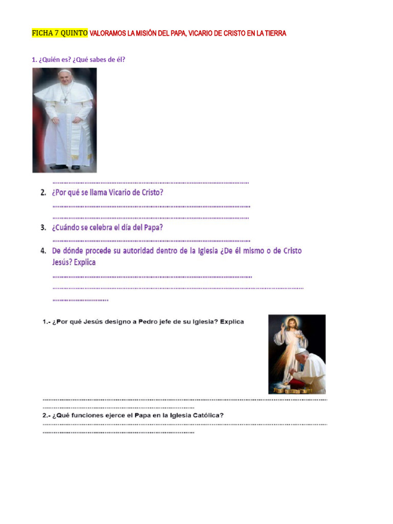 FICHA 7 QUINTO VALORAMOS LA MISIÓN DEL PAPA | PDF | Papa | Cristo (título)