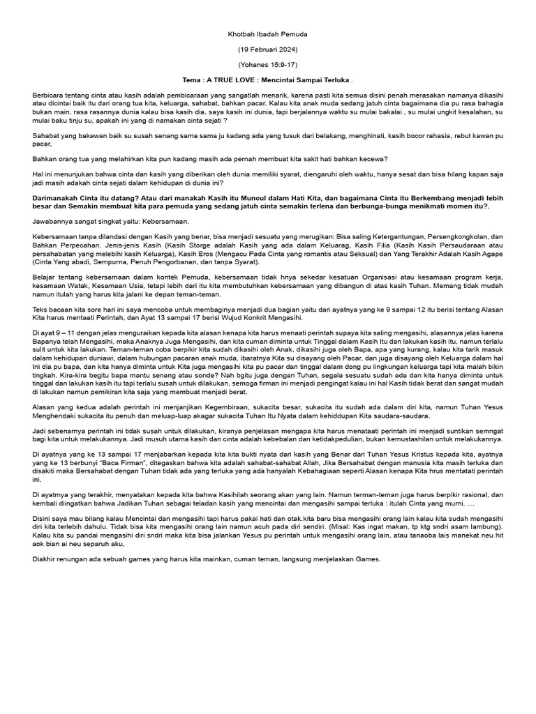 Khotbah Ibadah Pemuda 19 Februari 2024 | PDF | Pengembangan Diri
