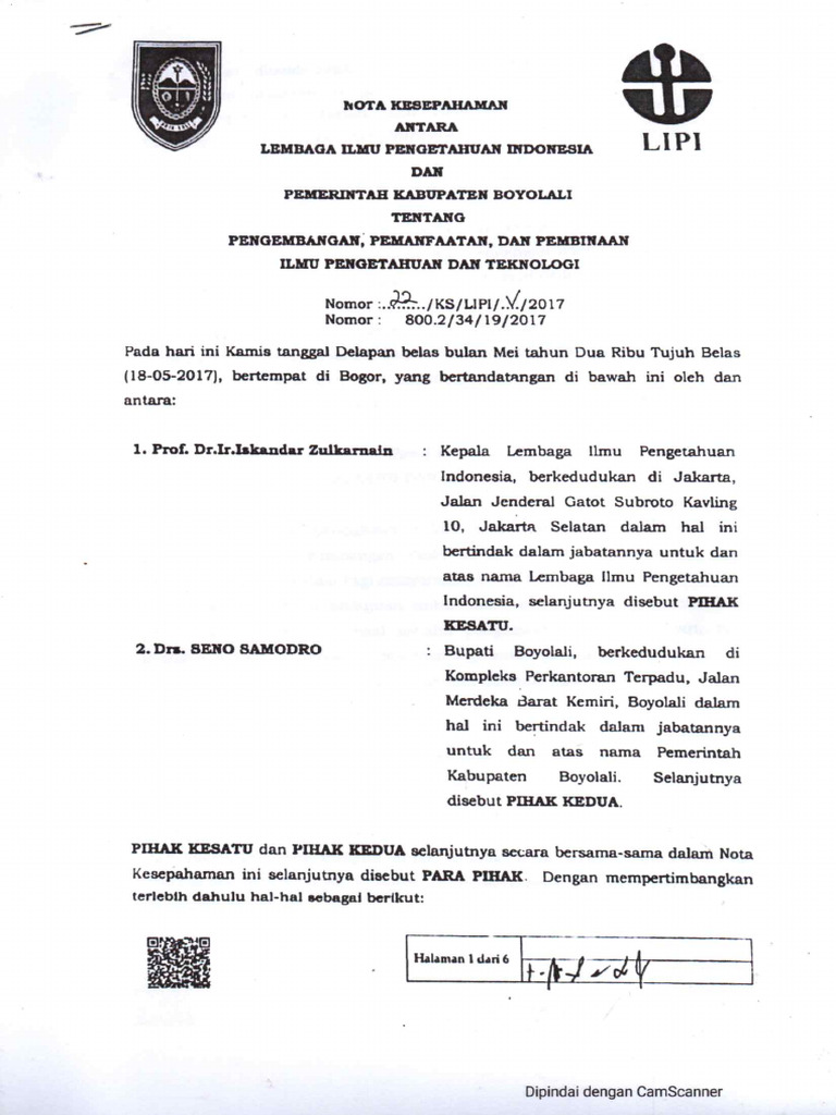 MoU LIPI - Boyolali 2017 | PDF