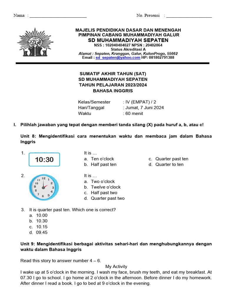 Soal Sat B Inggris Semester 2 Kelas Iv | PDF
