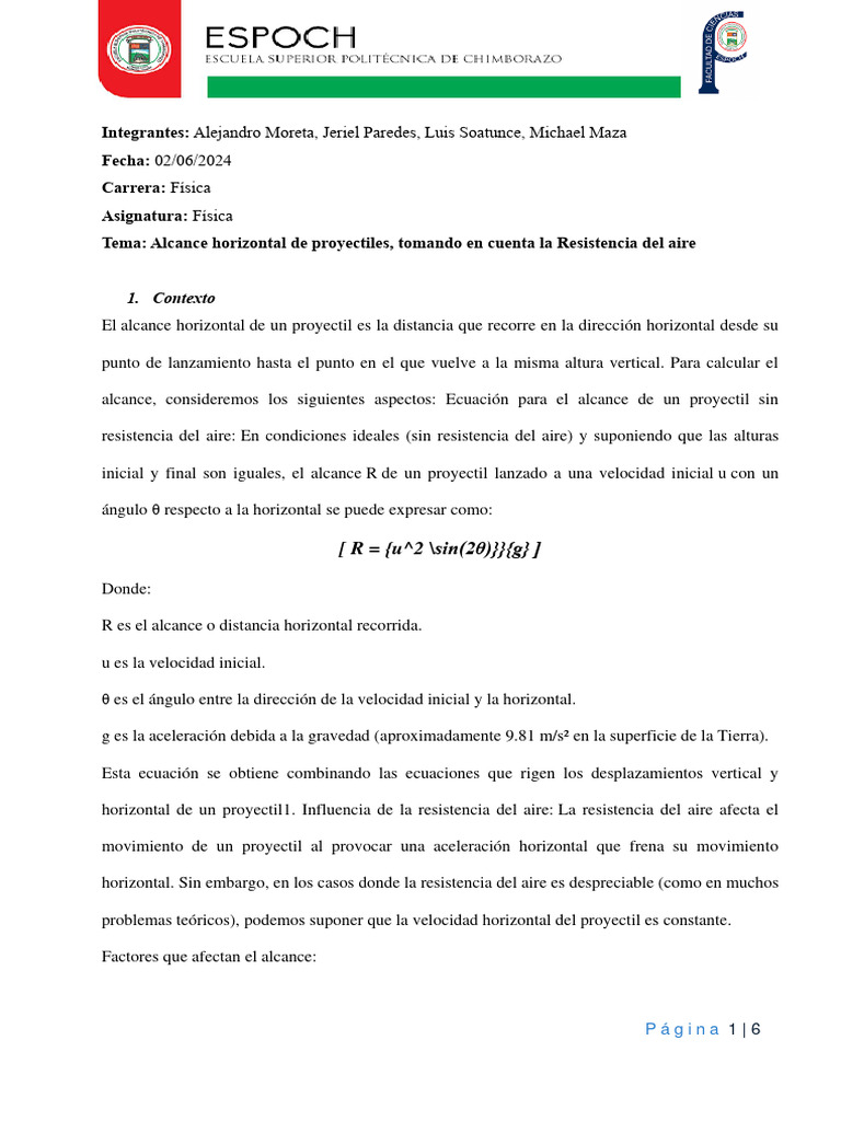 DEBER GRUPAL ALCANCE HORIZONTAL (1) | PDF | Velocidad | Arrastrar (Física)