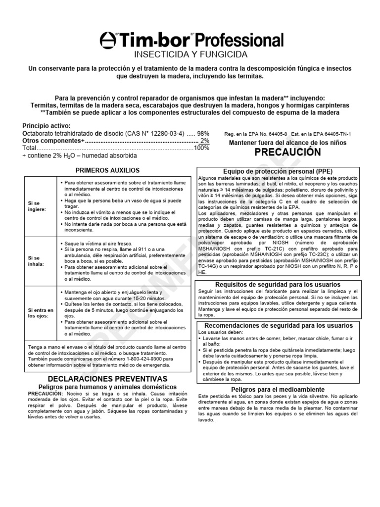 Octoborato Disodico Timbor Ficha Técinca | PDF | Agua | Madera