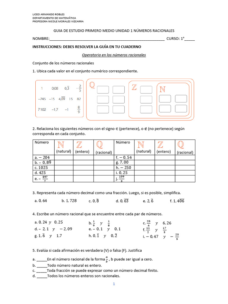 Guia de Estudio Primero Medio Unidad 1 Números Racionales | PDF ...