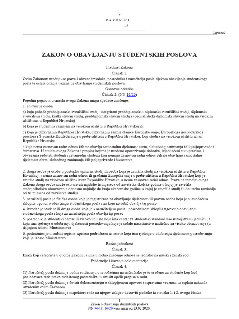 Zakon o Obavljanju Studentskih Poslova 2020 | PDF