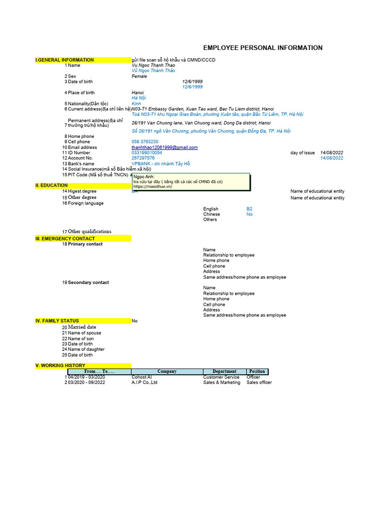 Employee Personal Information | PDF | Hanoi | Vietnam