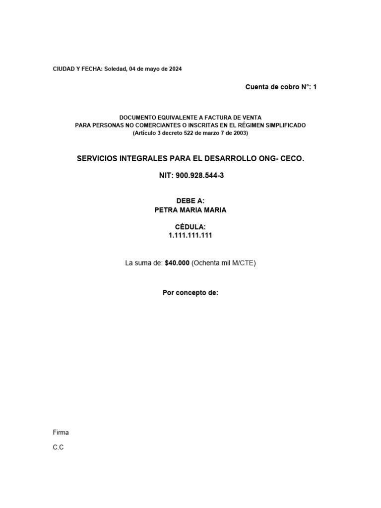 Modelo-Cuenta de Cobro | PDF | Finanzas y dinero
