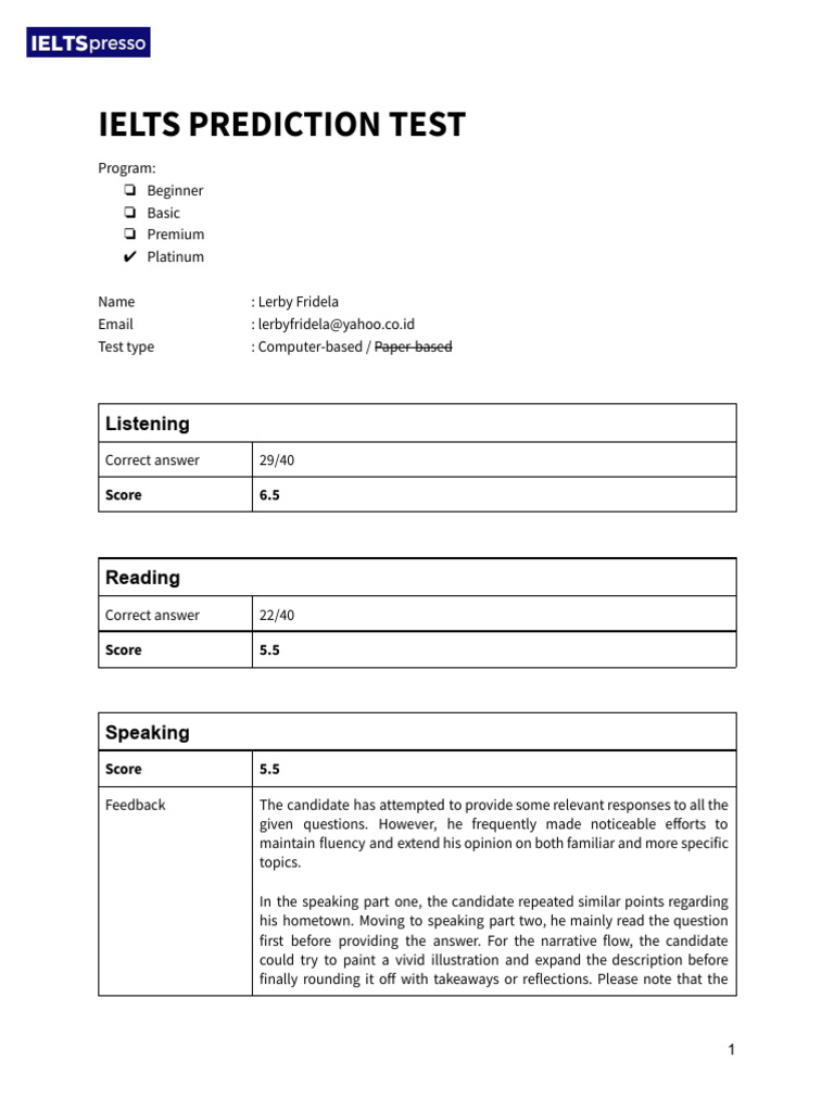 IELTS PREDICTION TEST REPORT - Lerby Fridela | PDF | Gift | Question