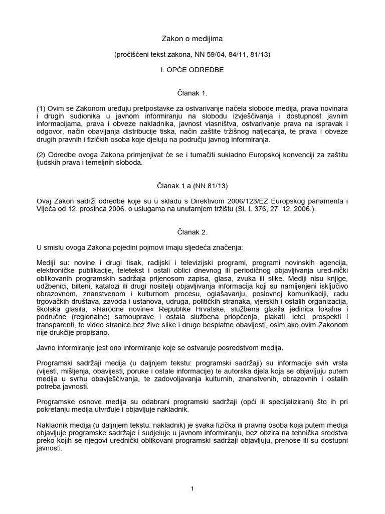 Zakon o Medijima - HR | PDF