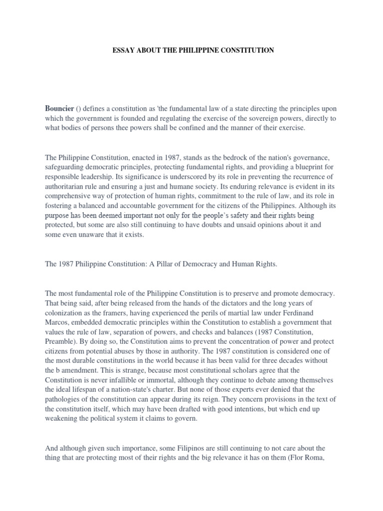 Essay About The Philippine Constitution | PDF | Constitution | Democracy